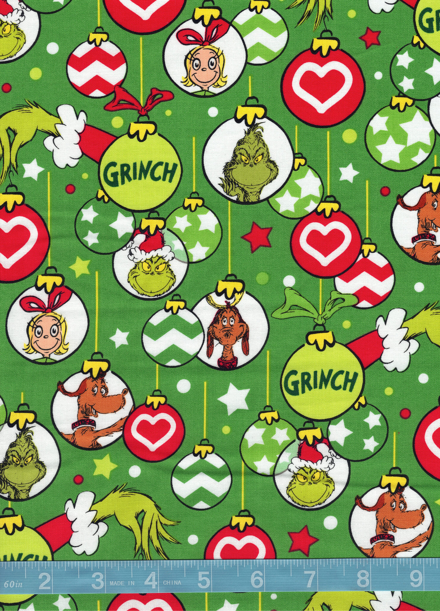 How the Grinch Stole Christmas Ornaments on Green Quilt Cotton Fabric ...